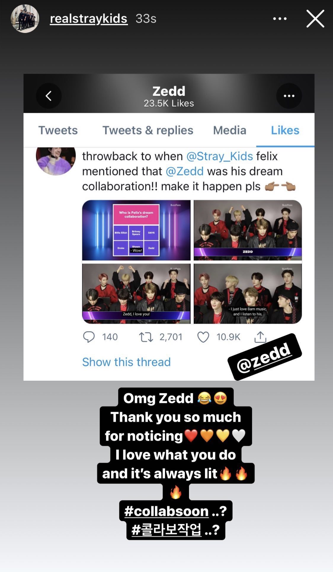 한토리 💭 on Twitter: "felix’s response to zedd liking the tweet about the collaboration!! he said ...
