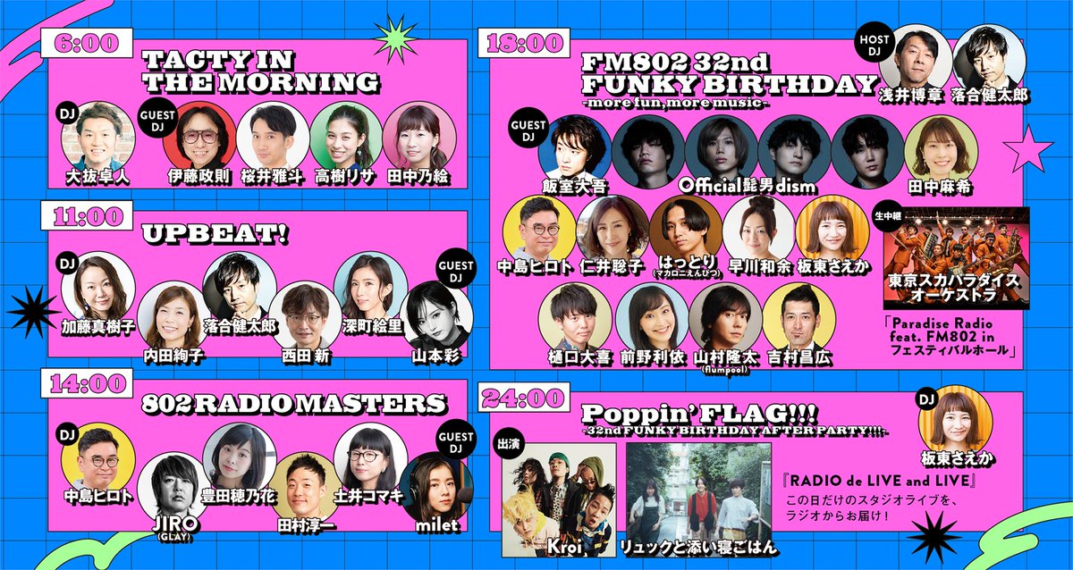 FM802 on Twitter: "🎉#FM802 は6/1（火）で開局32周年🎉 開局記念日の6/1は朝から晩まで スペシャル企画盛りだくさんでお届け！ 🌟FM802 DJ ...
