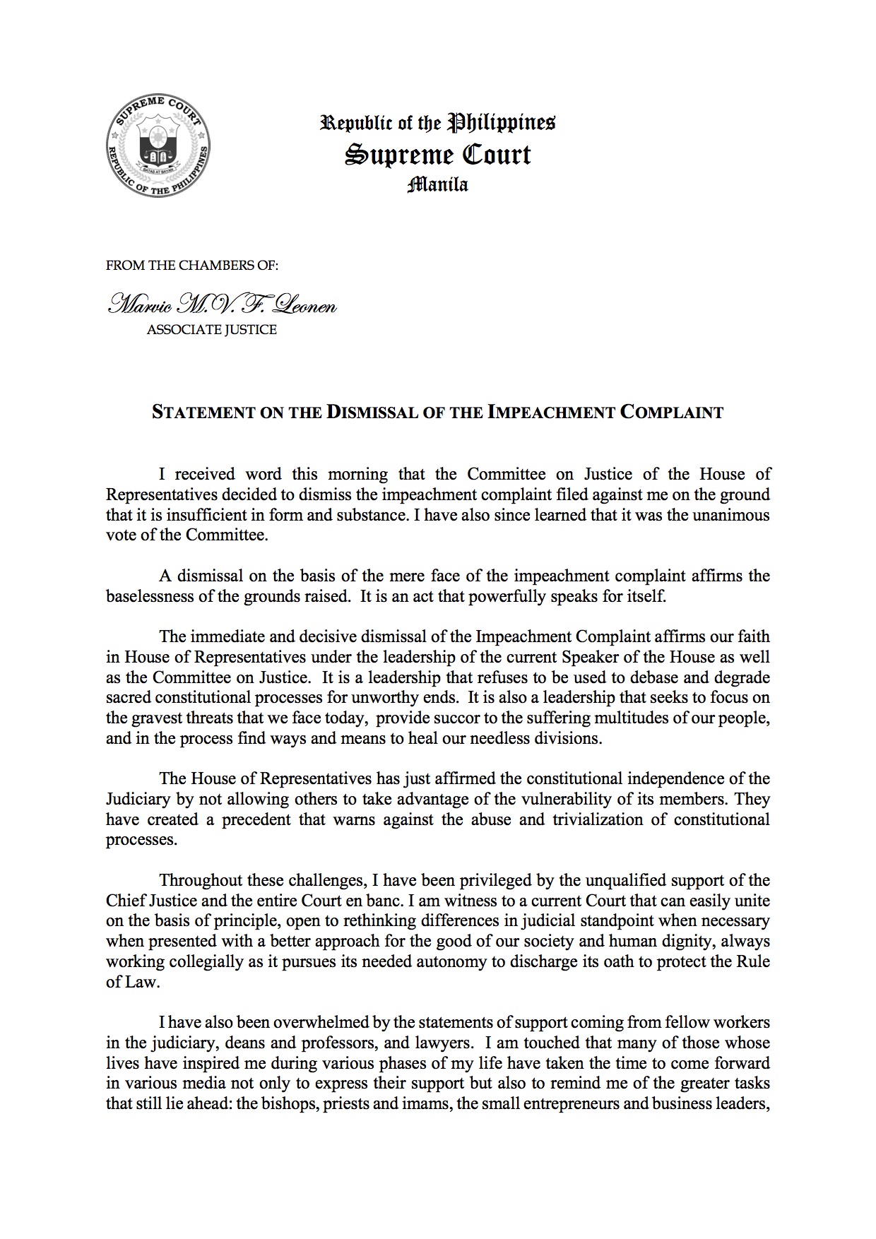 Rappler On Twitter Read Justice Leonens Statement On The Swift