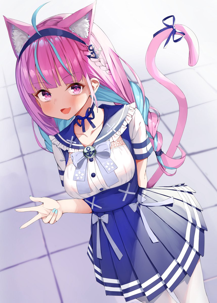 minato aqua 1girl solo tail animal ears cat ears braid cat tail ...