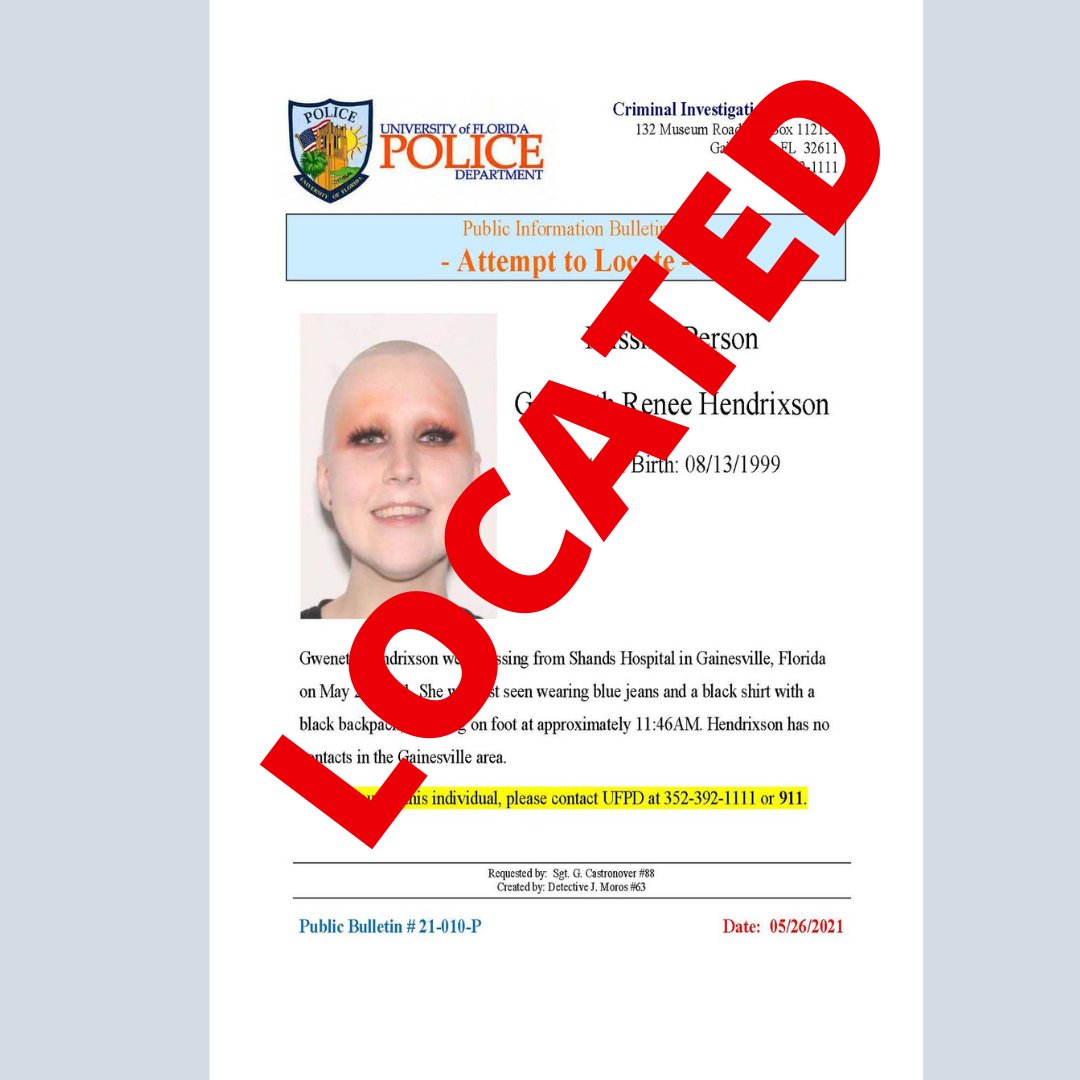 UF Public Safety On Twitter Gweneth Hendrixson Was Located Thank You For Your Assistance uf-public-safety-on-twitter-gweneth-hendrixson-was-located-thank-you-for-your-assistance