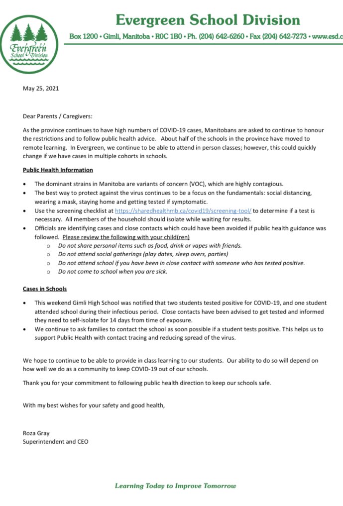 EvergreenSD on Twitter: "May 25 Parent letter re: Covid Case at Gimli ...