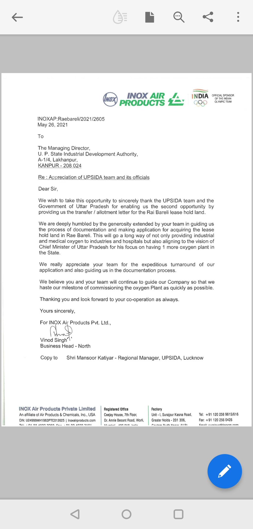 CEO@UPSIDA on Twitter: "Happy to share this Appreciation letter from @inoxairproducts for ...