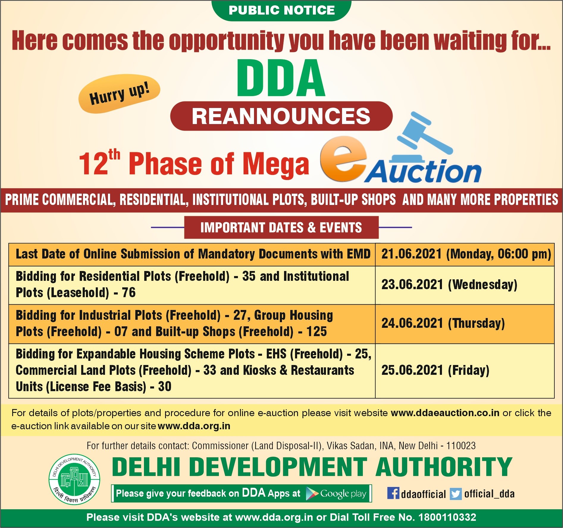 Delhi Development Authority on Twitter: "DDA reannounces 12th phase Mega e-Auction. https://t.co ...