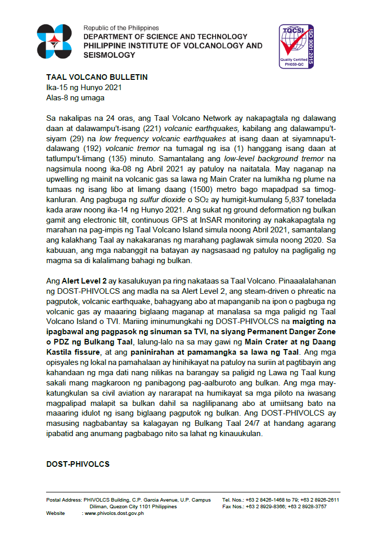 PHIVOLCS-DOST on Twitter: "TAAL VOLCANO BULLETIN Ika-15 ng Hunyo 2021 Alas-8 ng umaga # ...