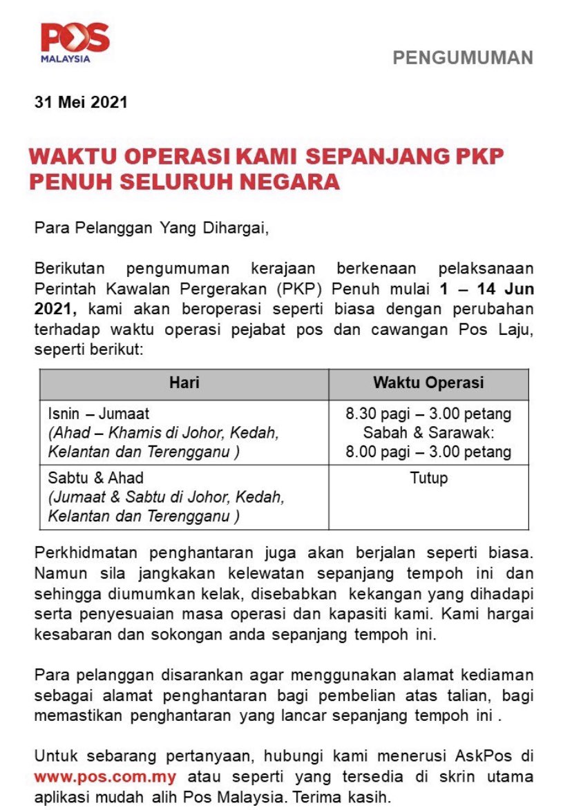 Waktu Operasi Pejabat Pos Malaysia