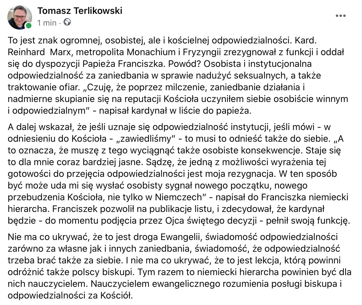 Tomasz Terlikowski on Twitter: "Kard. Reinhard Marx zrezygnował z funkcji i oddał się do ...