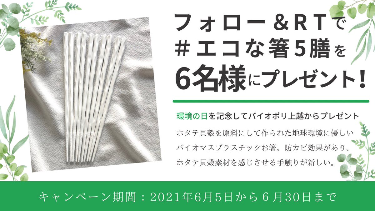 バイオポリ上越 「地球環境を守るテクノロジー」 on Twitter: "／ #環境の日 フォロー&RTキャンペーン🎉 \ 環境に優しい過程で作られた ホタテ貝殻箸🥢5膳セットを 6️⃣名様に ...