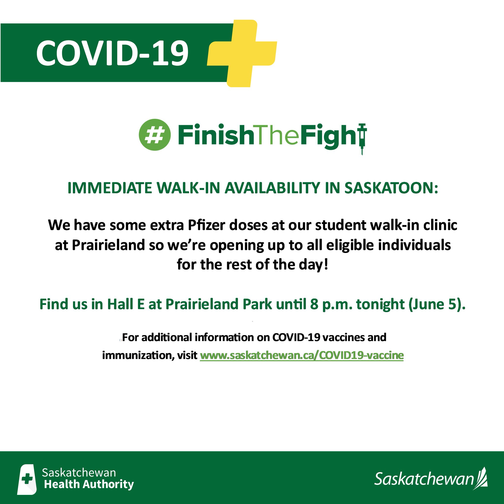 Saskatchewan Health Authority on Twitter: "IMMEDIATE WALK-IN ...