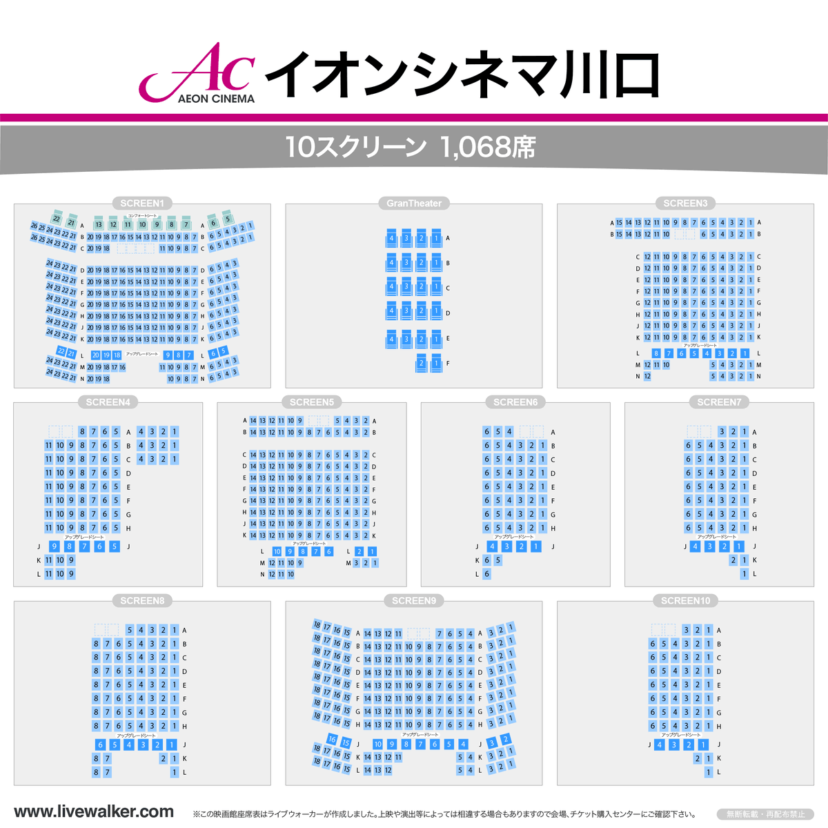 LiveWalker on Twitter: "イオンシネマ川口（埼玉県川口市） https://t.co/bBCNxYYHut 全10スクリーン座席表 (合計1,068人)を見る↓ ...