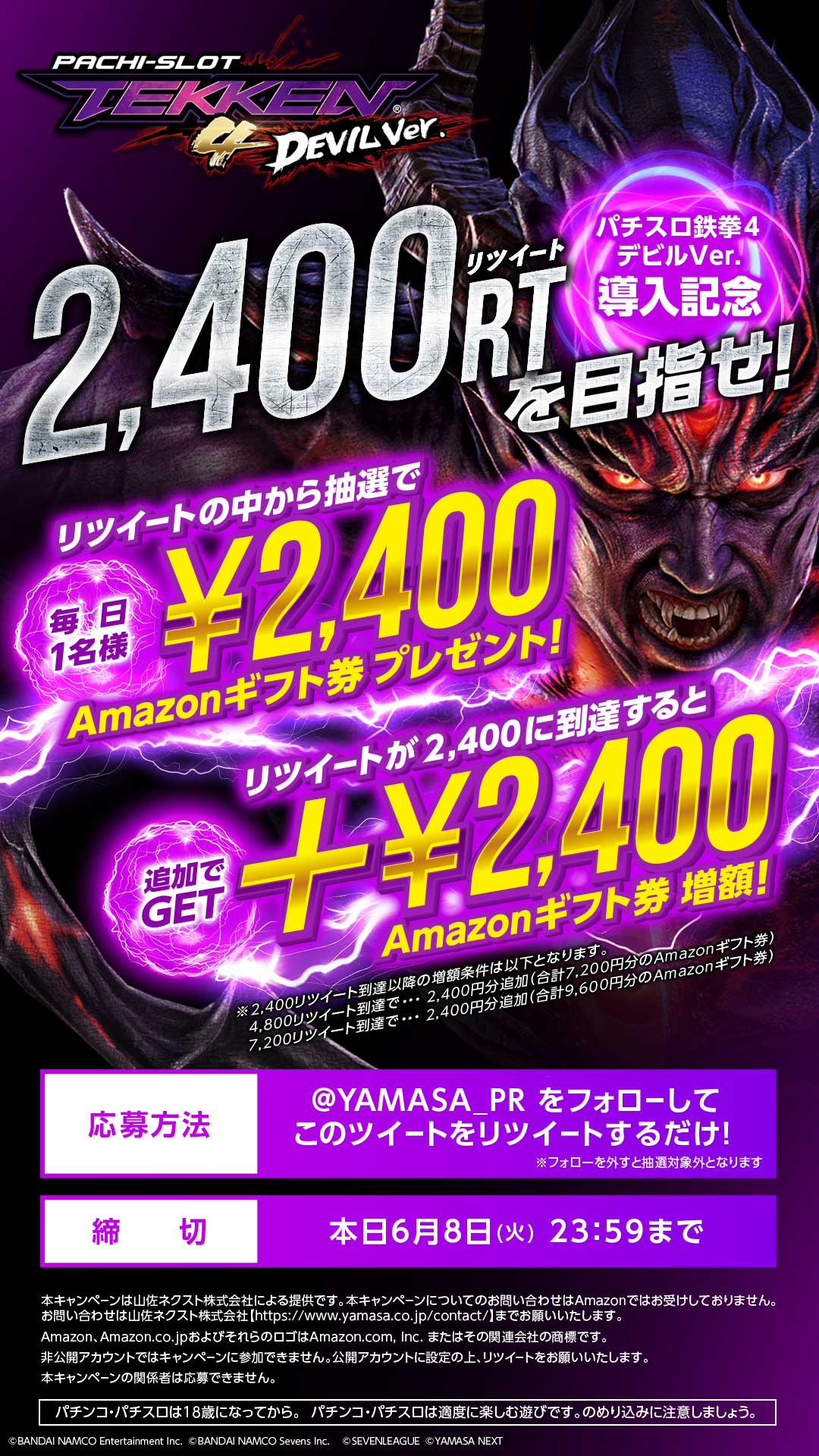 山佐PR情報局 on Twitter: "【パチスロ鉄拳4デビルVer.導入記念キャンペーン】 6月7日～11日の期間で開催中‼力を合わせて2,400RTを目指せ‼ 1日目のRT数は4,837 ...
