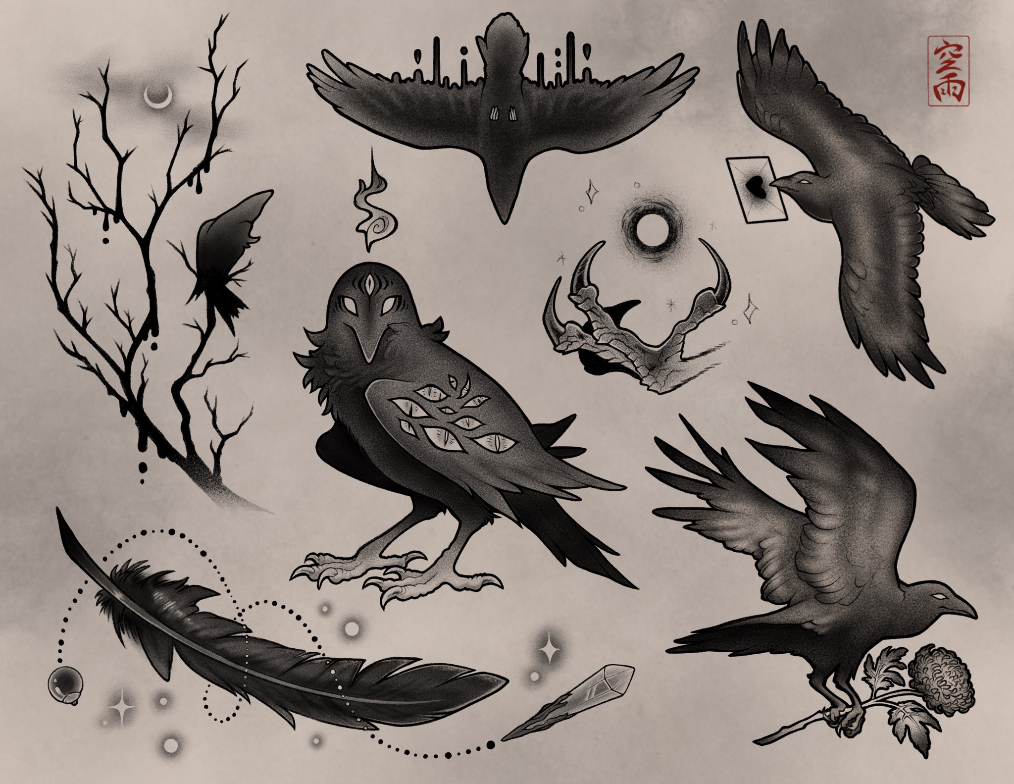 Neo Traditional Crow Tattoo Flash