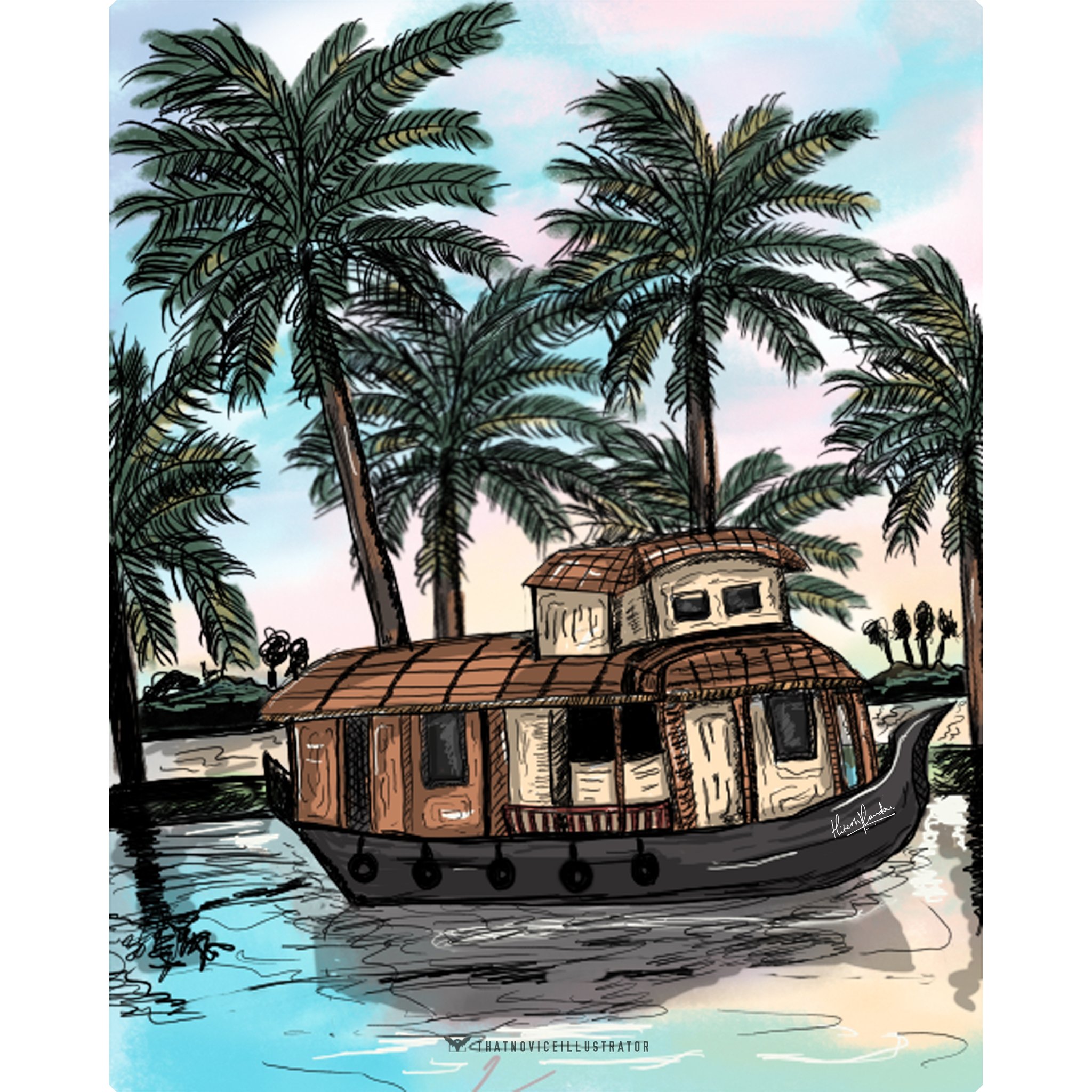 Houseboat Kerala Drawing