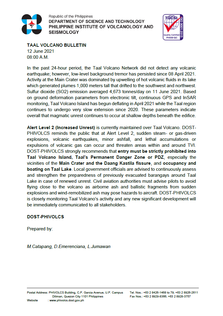 PHIVOLCS-DOST on Twitter: "TAAL VOLCANO BULLETIN 12 June 2021 08:00 A.M. #TaalVolcano https://t ...