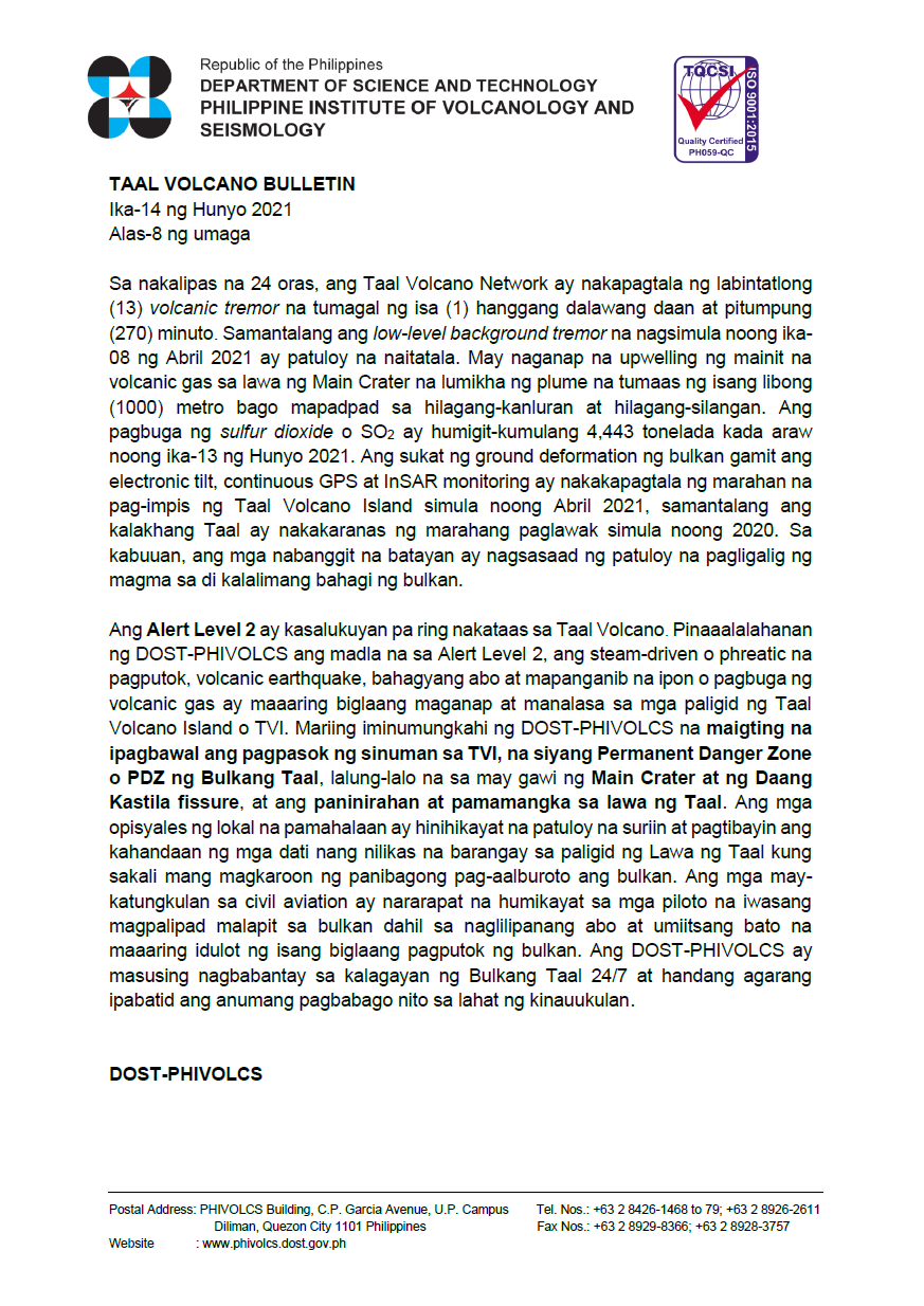 PHIVOLCS-DOST on Twitter: "TAAL VOLCANO BULLETIN Ika-14 ng Hunyo 2021 Alas-8 ng umaga # ...
