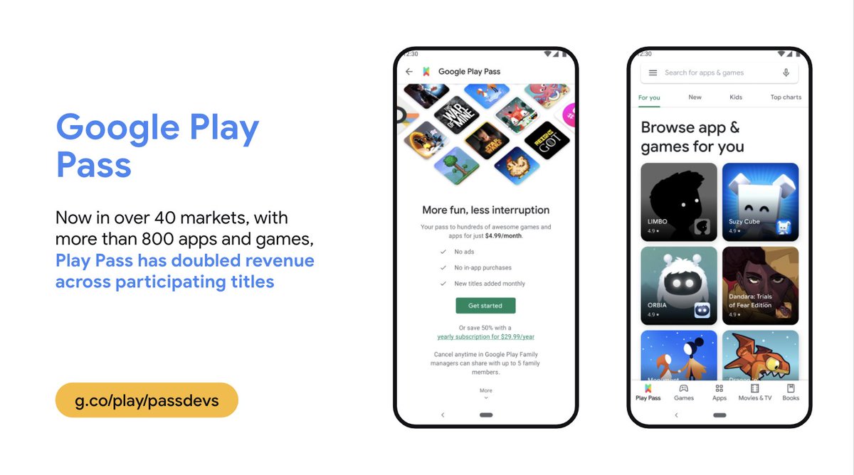 Developers should join Google Play Pass because... 🌎 They can attract new users in 40+ markets 💰 ...