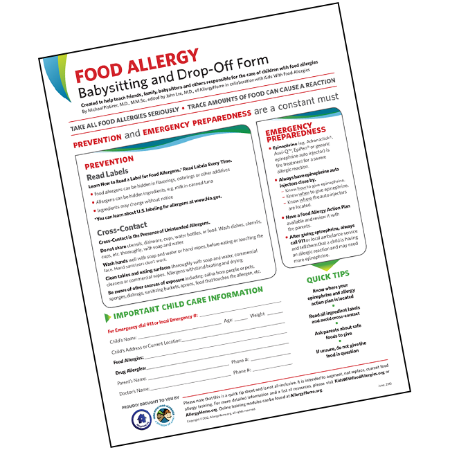 Preschool Food Allergy Form