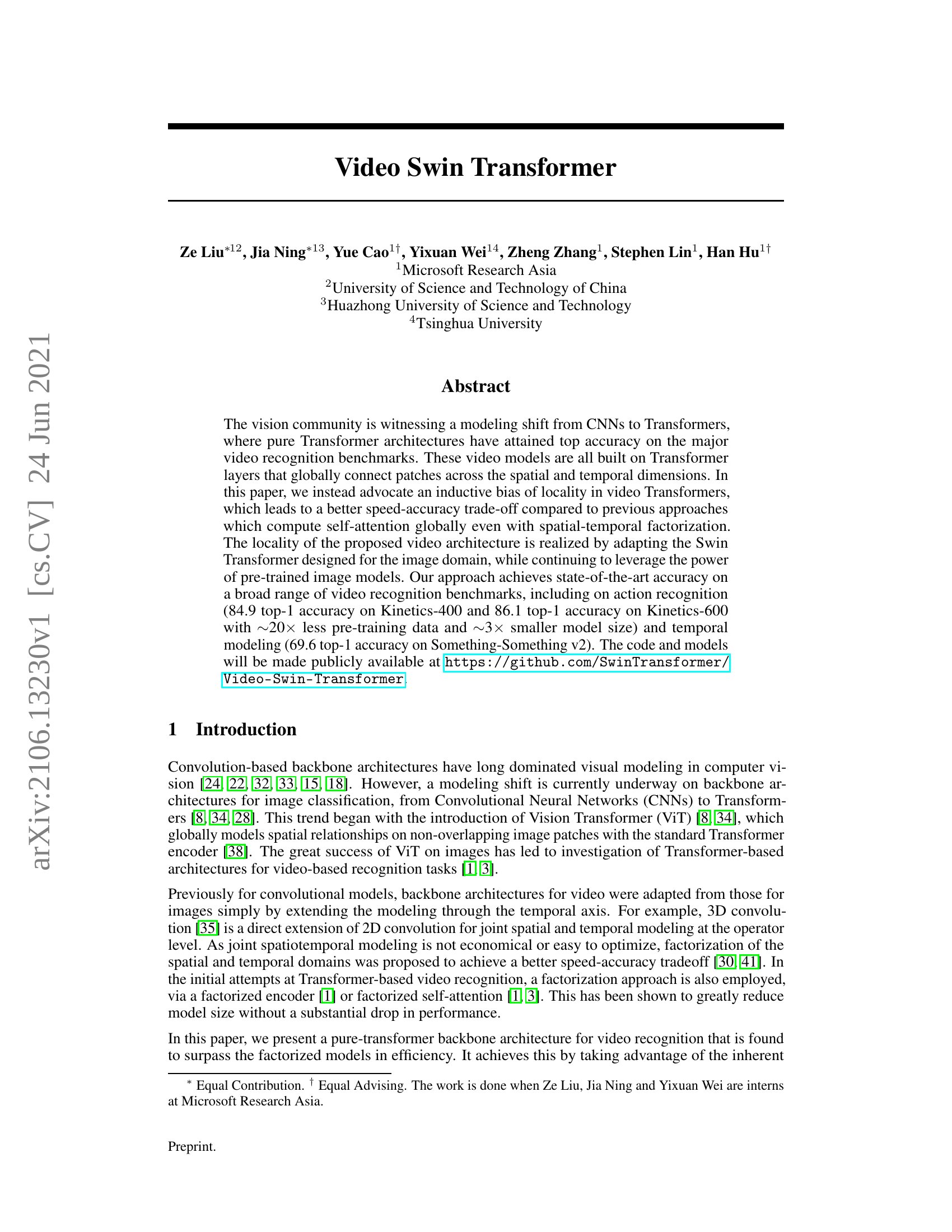 AK on Twitter: "Video Swin Transformer pdf: https://t.co/sgwrWyNgg2 abs: https://t.co/BLUtR3gfmR ...