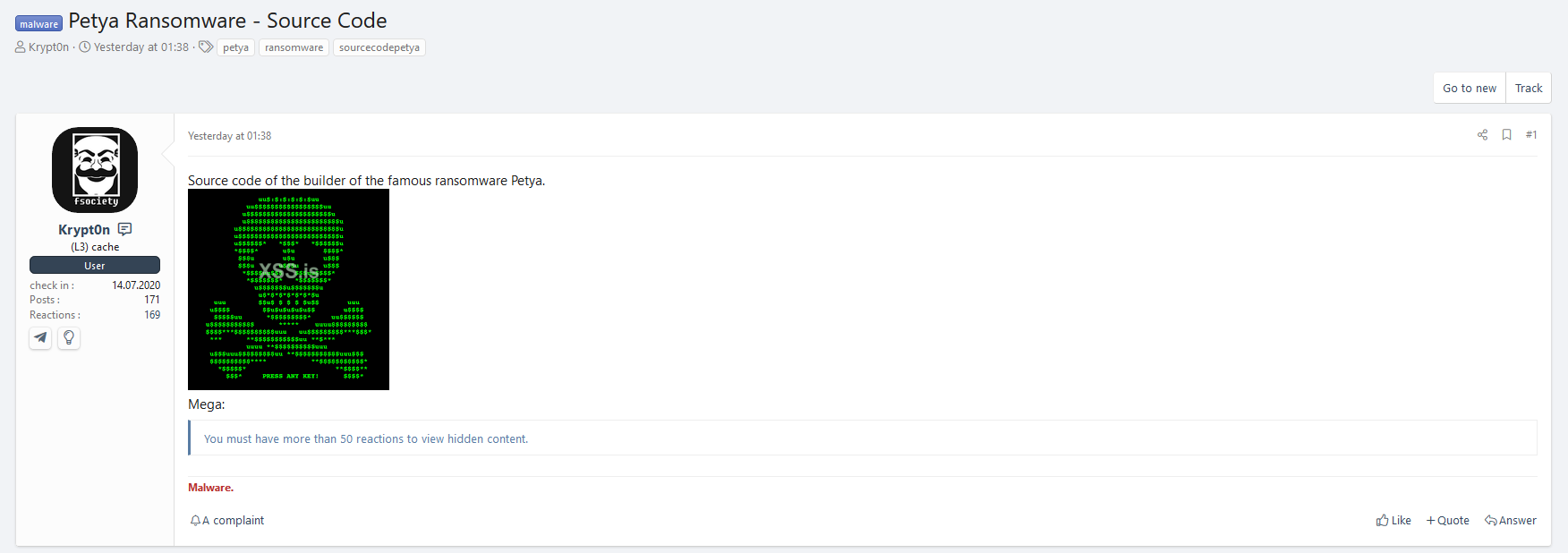 3xp0rt on Twitter: "Petya Ransomware source code of builder was leaked on XSS by Krypt0n ...