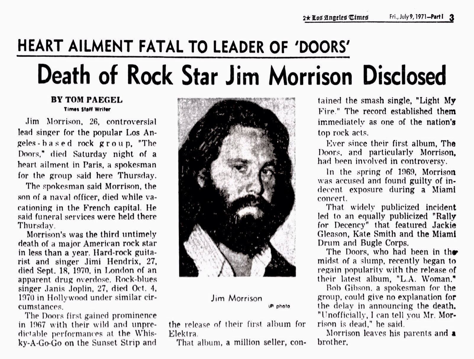 Jim Morrison Death Certificate 50 Years After Jim Morrison's Death,