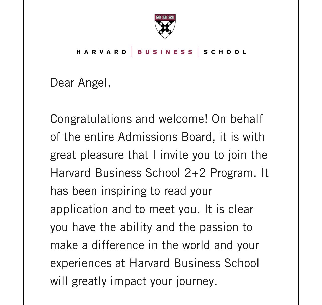 Harvard Business School Acceptance Letter