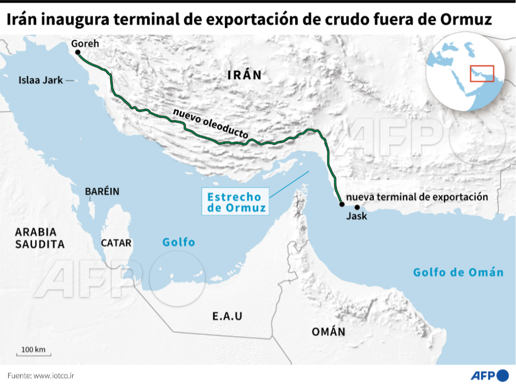 Infografía Mapa con la ubicación del estrecho de Ormuz, el puerto de Jask y la nueva terminal de ...