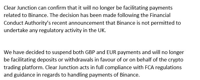 Adam Samson on Twitter: "Clear Junction - which had been one of #Binance's key payments partners ...