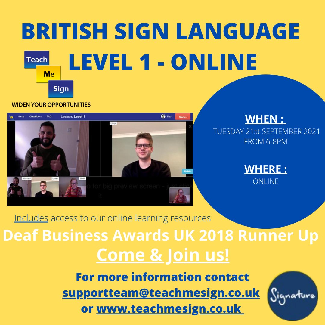Teach Me Sign on Twitter: "BSL Level 1 courses starting in September ...