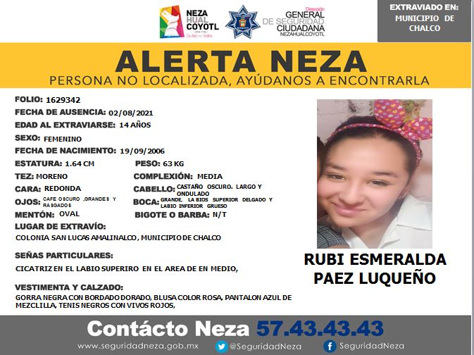 Alerta Neza on Twitter: "#AlertaNeza tu apoyo para #Localizar a #RubiEsmeralda cualquier ...