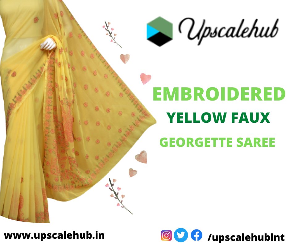 Upscale Hub on Twitter: "EMBROIDERED LUCKNOW CHIKAN YELLOW FAUX GEORGETTE SAREE WITH BLOUSE # ...