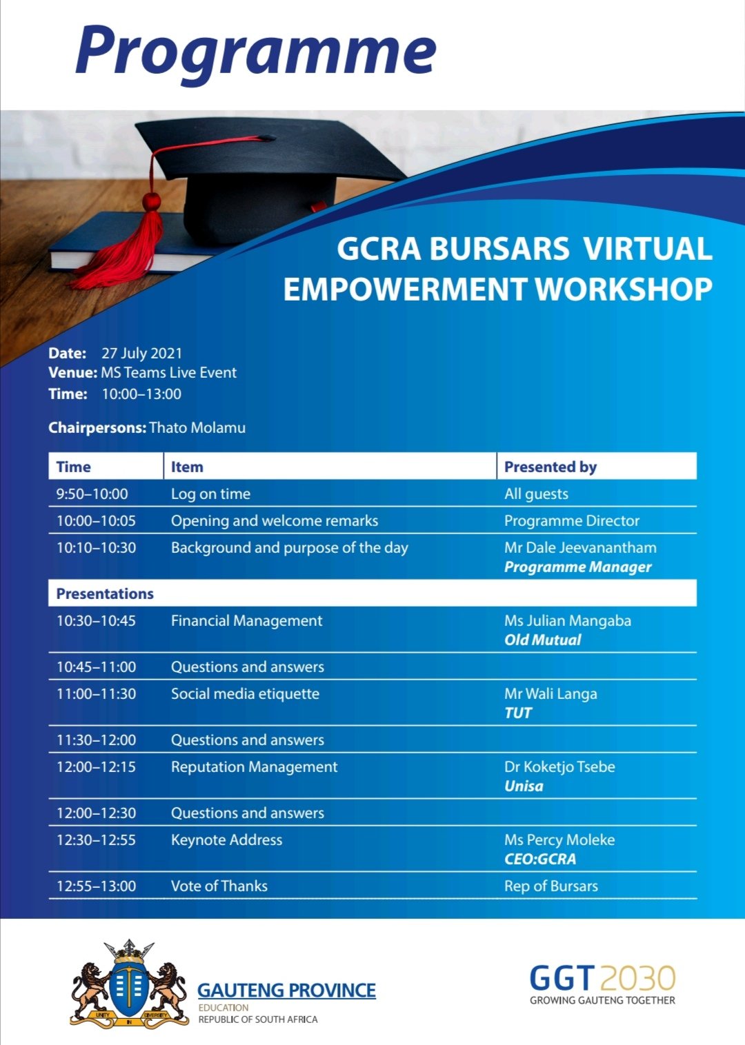 Gauteng Department of Education on Twitter: "GCRA BURSARS VIRTUAL EMPOWERMENT WORKSHOP || This ...