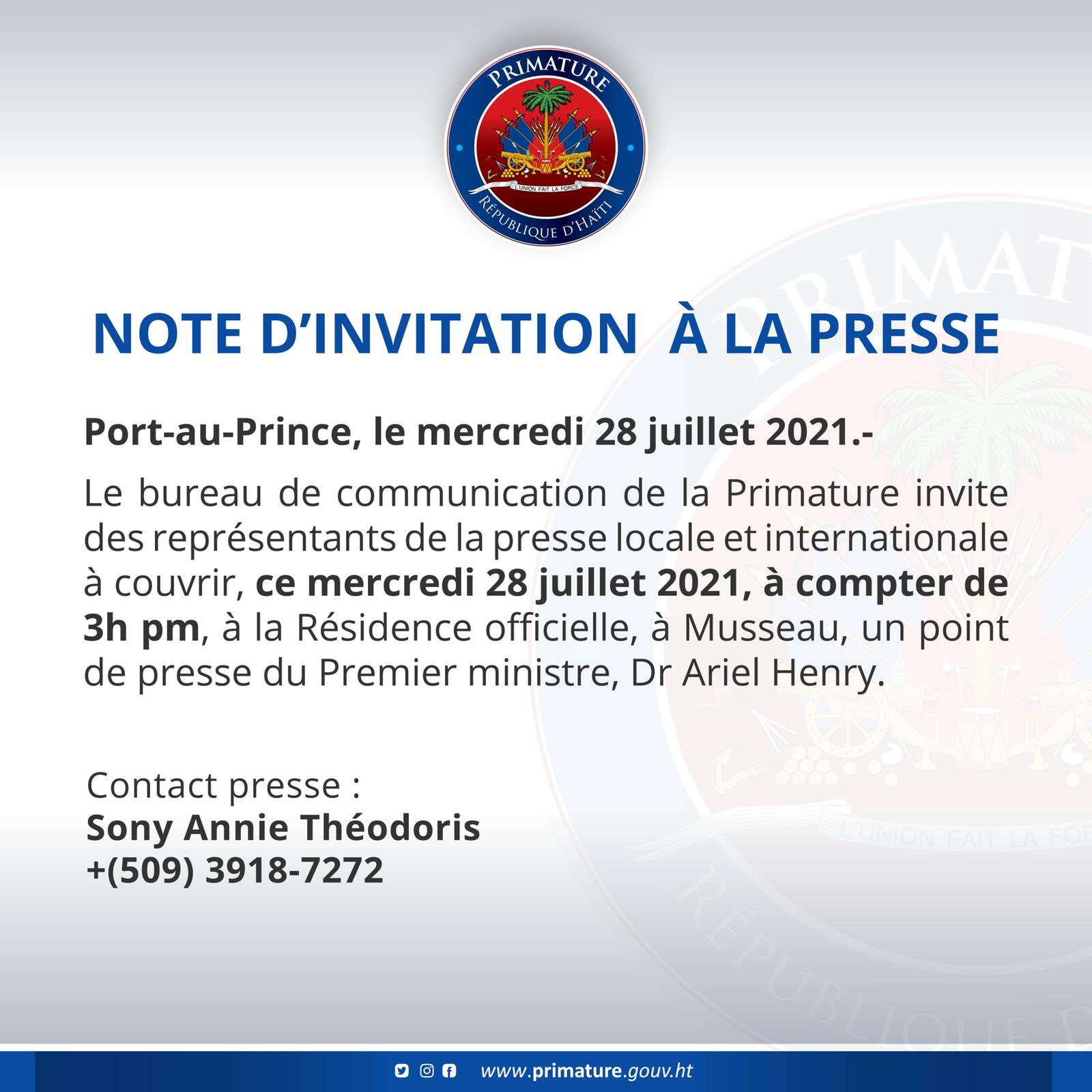 Primature de la République d’Haïti on Twitter: "[NOTE D’INVITATION À LA PRESSE] Port-au-Prince ...