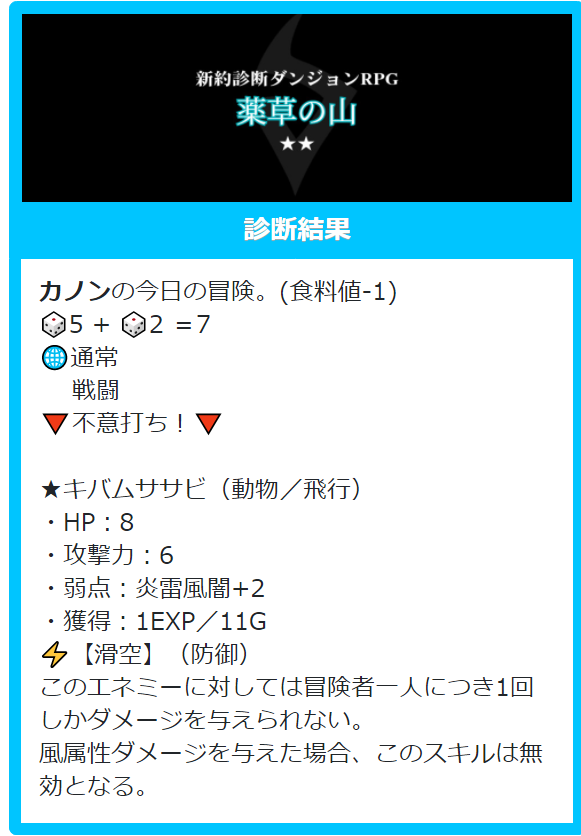 カノン＠商人Lv4 on Twitter: "カノンの今日の冒険。(食料値-1) 🎲4 + 🎲6 ＝10 🌐☆強風：この冒険に使用される狙撃手スキルの消費APを+2 🆚戦闘 🔷先制攻撃！🔷 ...