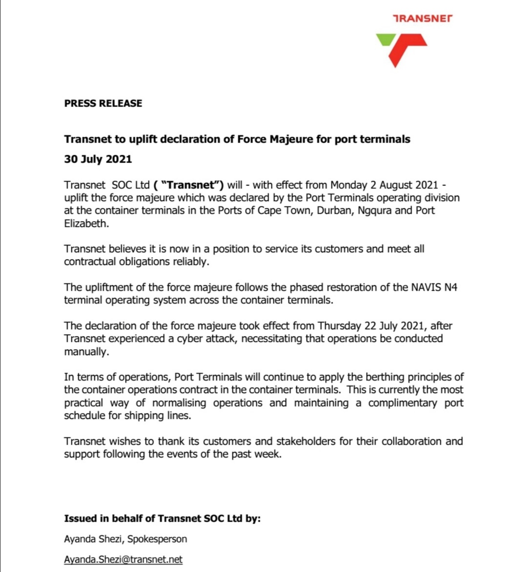 Transnet SOC Ltd on Twitter: "Update: Transnet to uplift declaration of Force Majeure for port ...