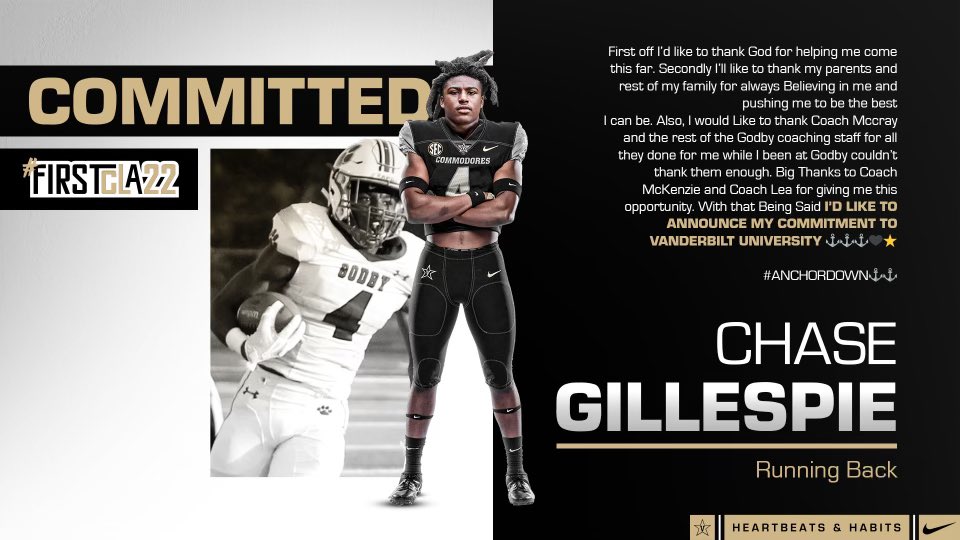 2022 3* RB Chase Gillespie commits to Vanderbilt : r/CFB