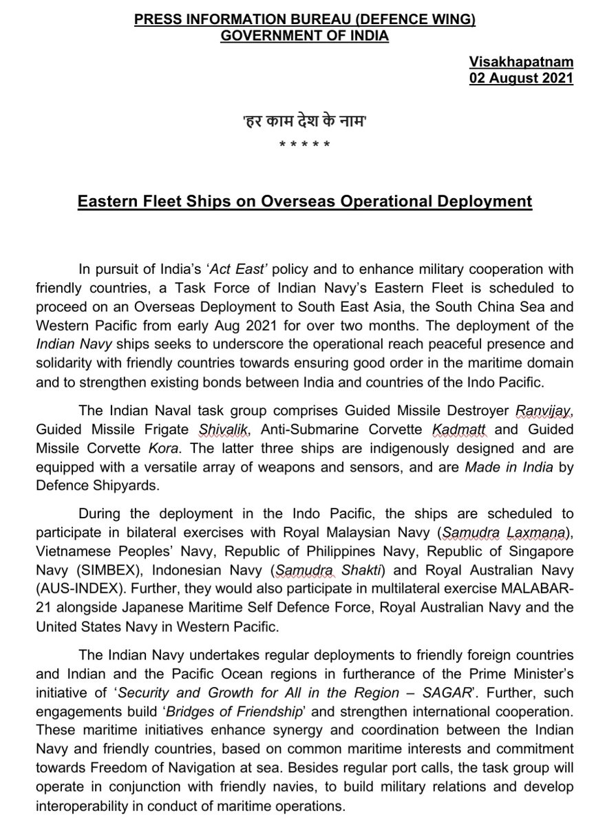 Task Force of Indian Navy’s Eastern Fleet is scheduled to proceed on an ...