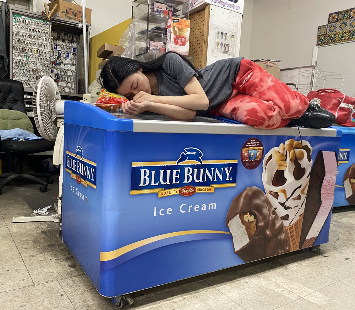 Me on set at 6AM after shooting. Who knew Hot Cheetos were also pillows ...