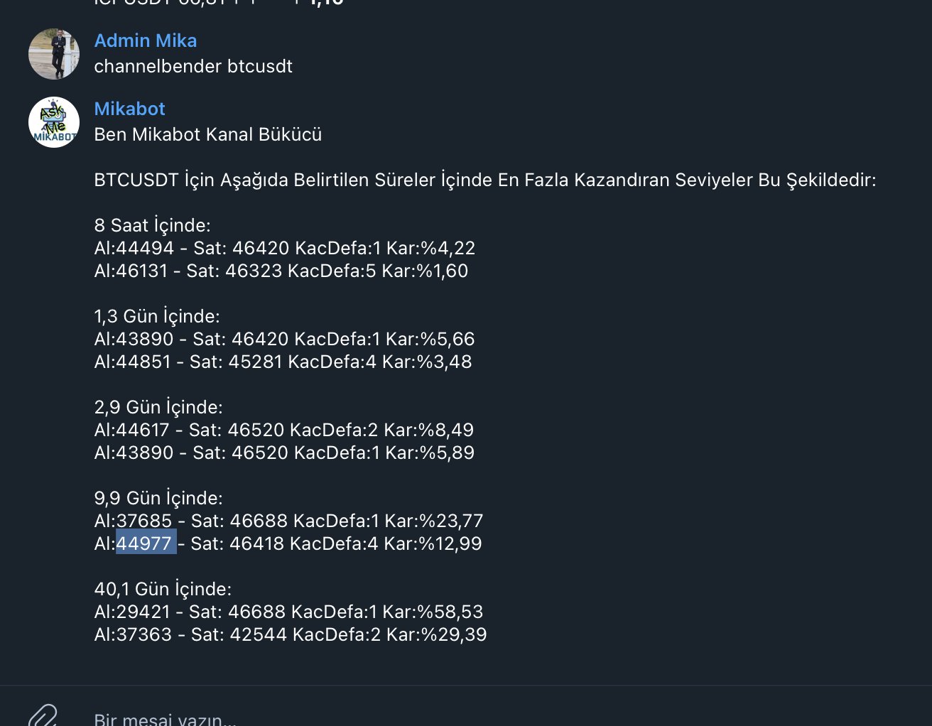 Mikabot on Twitter: "#bitcoin $btc tarafında son durum Mikabot, channelbender btcusdt komutu ile ...