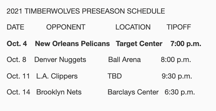 Wolves Preseason Schedule Announced : r/timberwolves