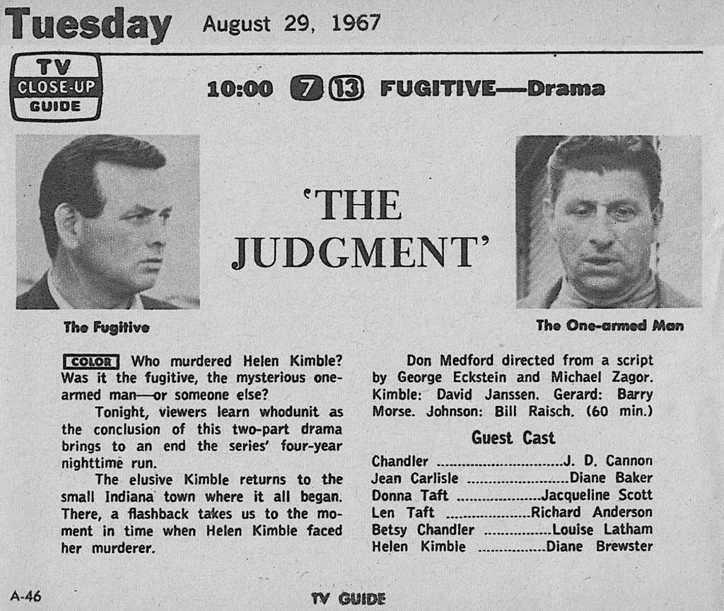 RetroNewsNow on Twitter: "📺 ‘The Fugitive’ Series Finale (TV Guide, August 29, 1967) https://t ...