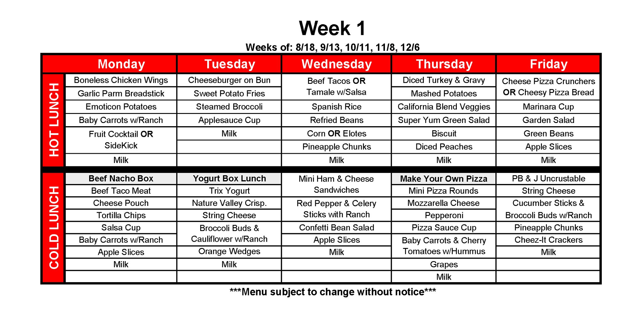School Lunch Menu Cycle