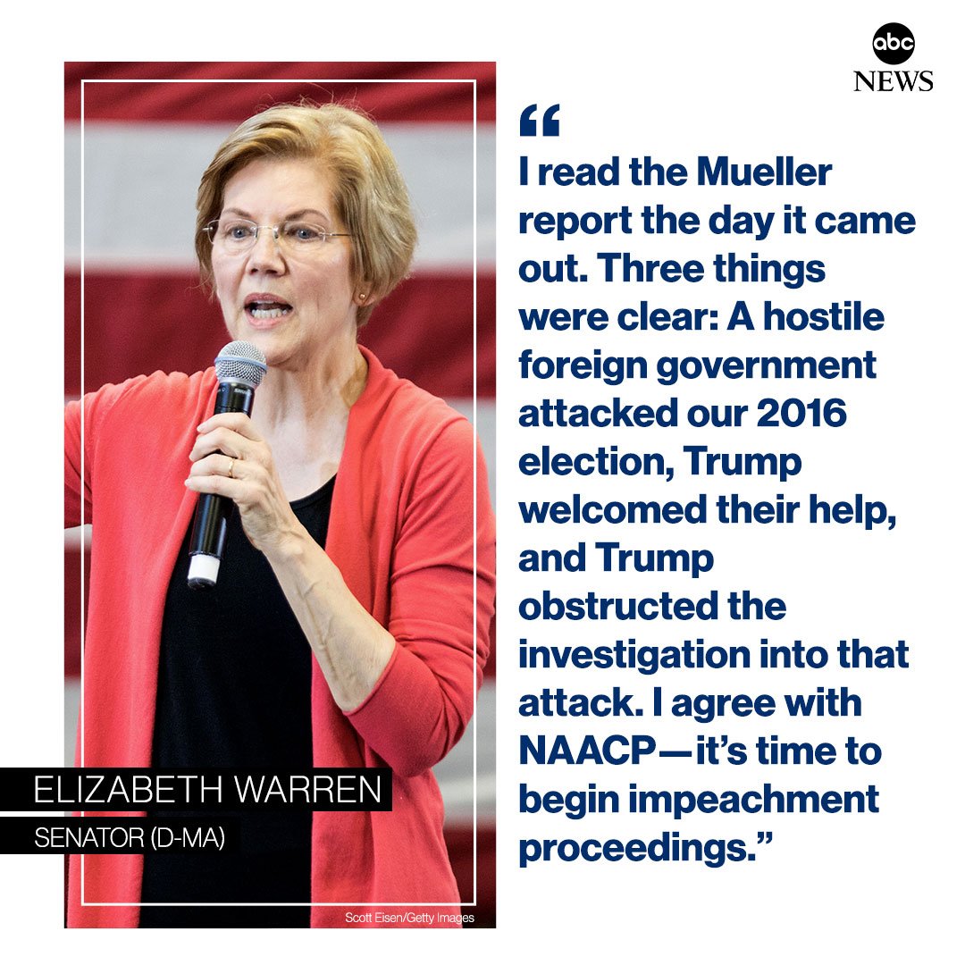 "It's time to begin impeachment proceedings," Sen. Elizabeth Warren ...