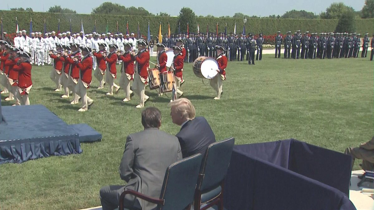 Pres Trump and DefSec Esper watch as Fife & Drum Corps march on ...
