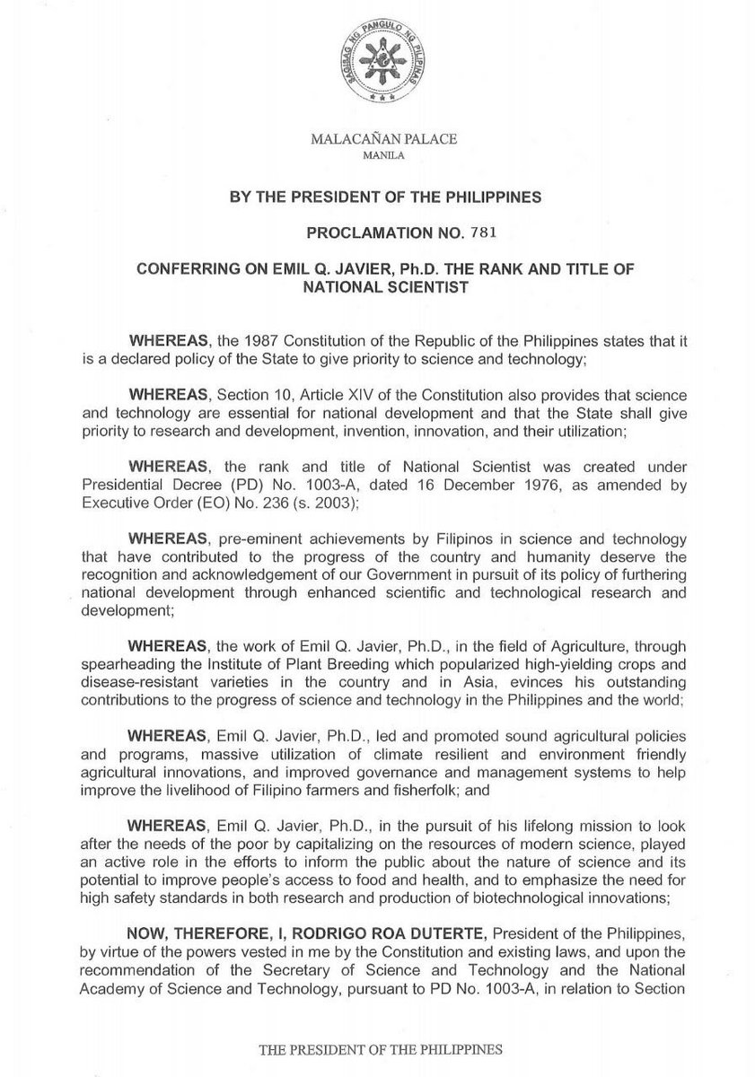 Palace confers the rank and title of National Scientist to Dr. Emil Q ...