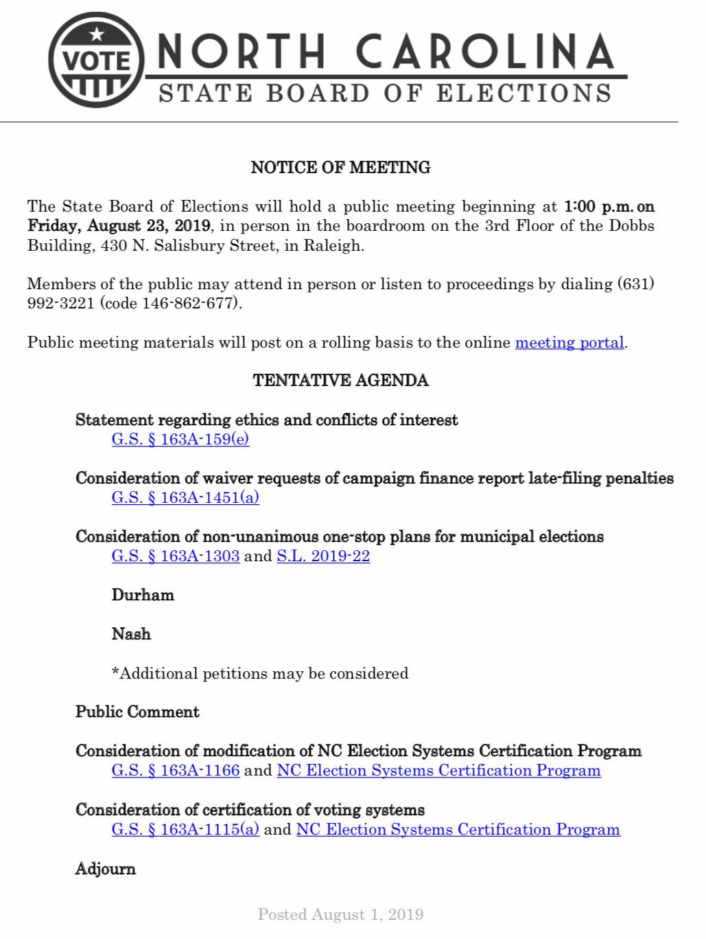NCSBE on Twitter: ".@NCSBE will meet at 1 p.m. Friday 8/23 at the State Board offices in Raleigh ...