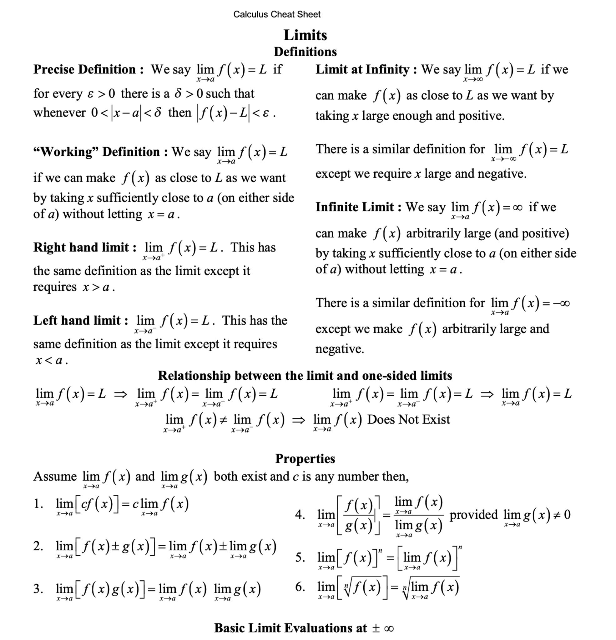 Multivariable Calculus Cheat Sheet