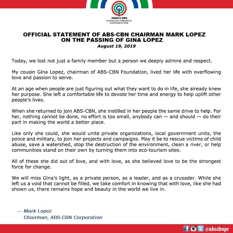 ABS-CBN PR on Twitter: "Here is the official statement of ABS-CBN chairman Mark Lopez. # ...