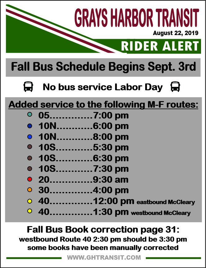 Grays Harbor Transit on Twitter: "New expanded weekday bus service starts September 3rd. Fall ...