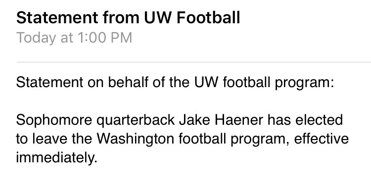 Washington quarterback Jake Haener has left the team. : r/CFB