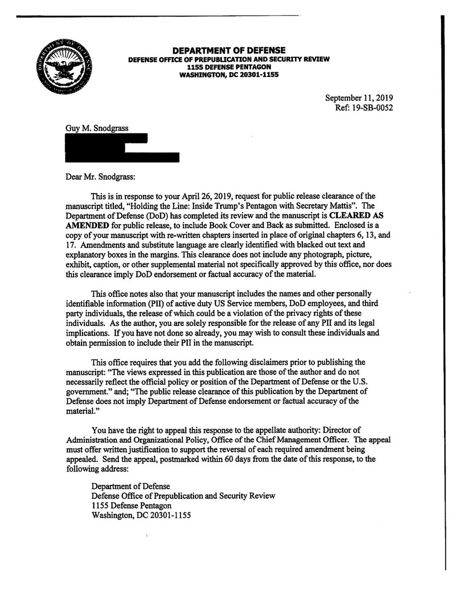 Here's the DoD letter re: Snodgrass book. | Jason Seher | Scoopnest